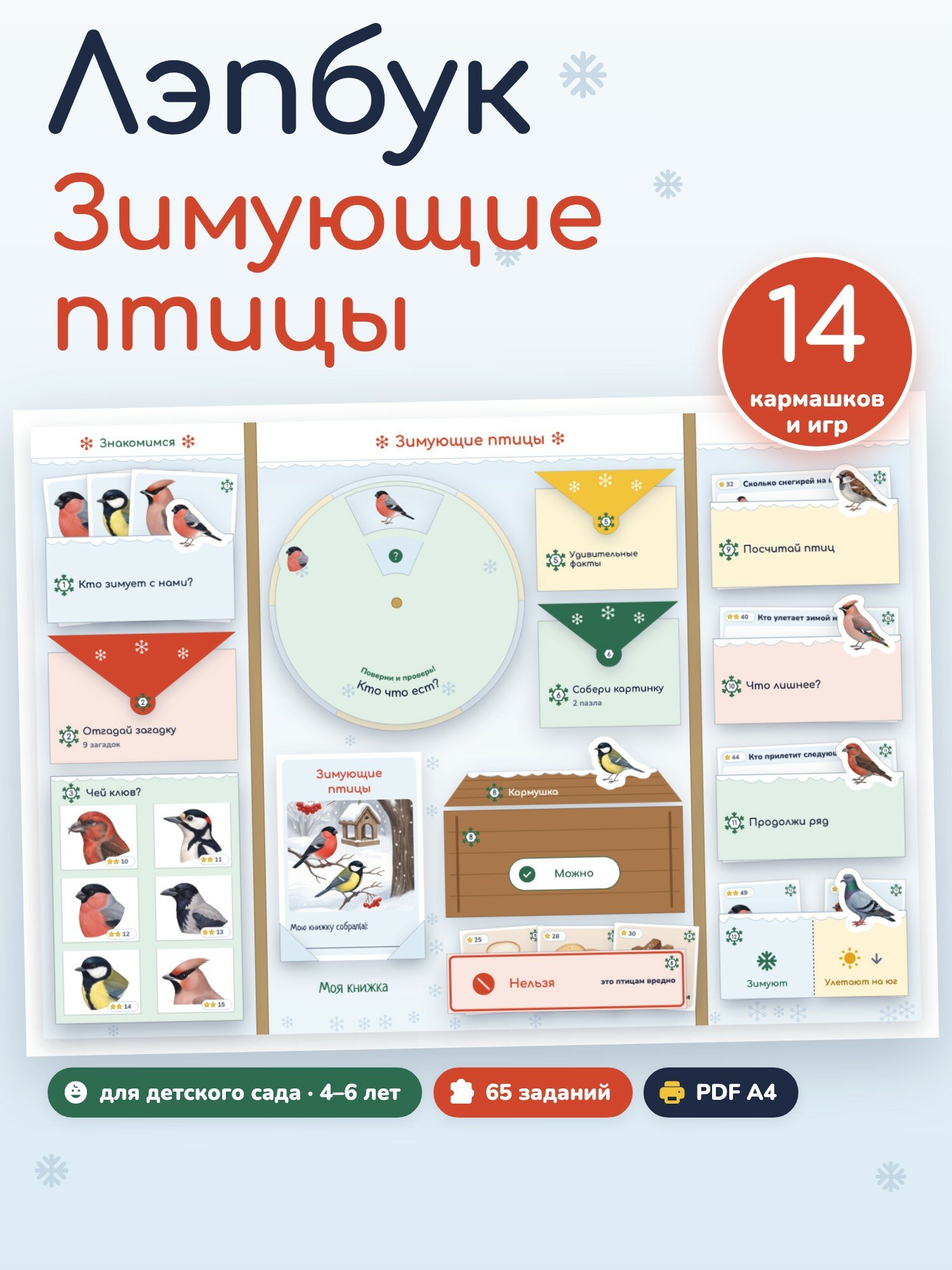Лэпбук «Зимующие птицы» для детского сада 4–6 лет: интерактивная папка, 14 кармашков, 65 заданий, PDF
