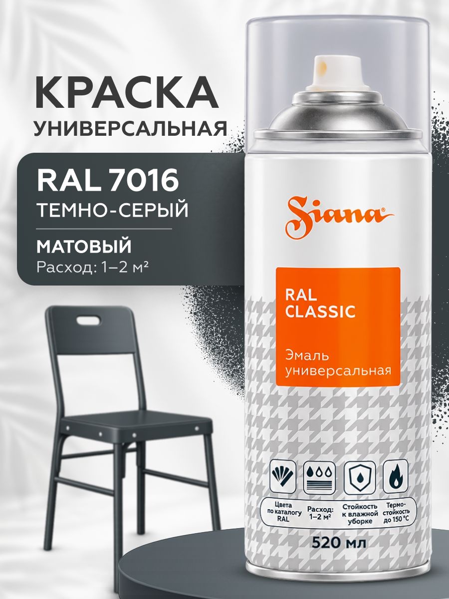 Аэрозольная краска SIANA Classic для мебели и декора до 150C, матовый, 0.52 л, темно-серый RAL 7016