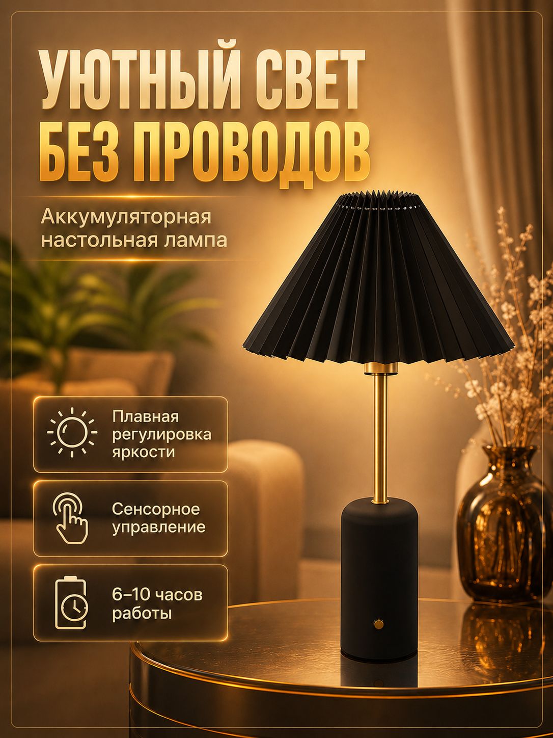 Настольная лампа с абажуром, сенсорная, USB Type-C, черная