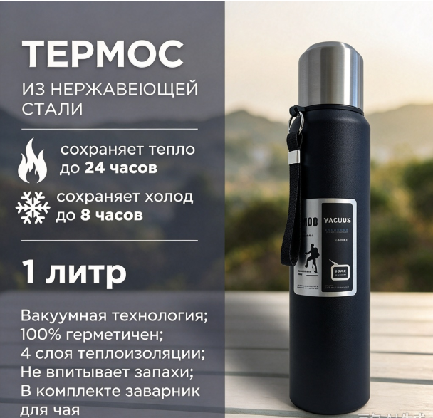 Термос черный 1л с ситечком для чая и кофе для рыбалки и туризма, с силиконовым основанием, сталь