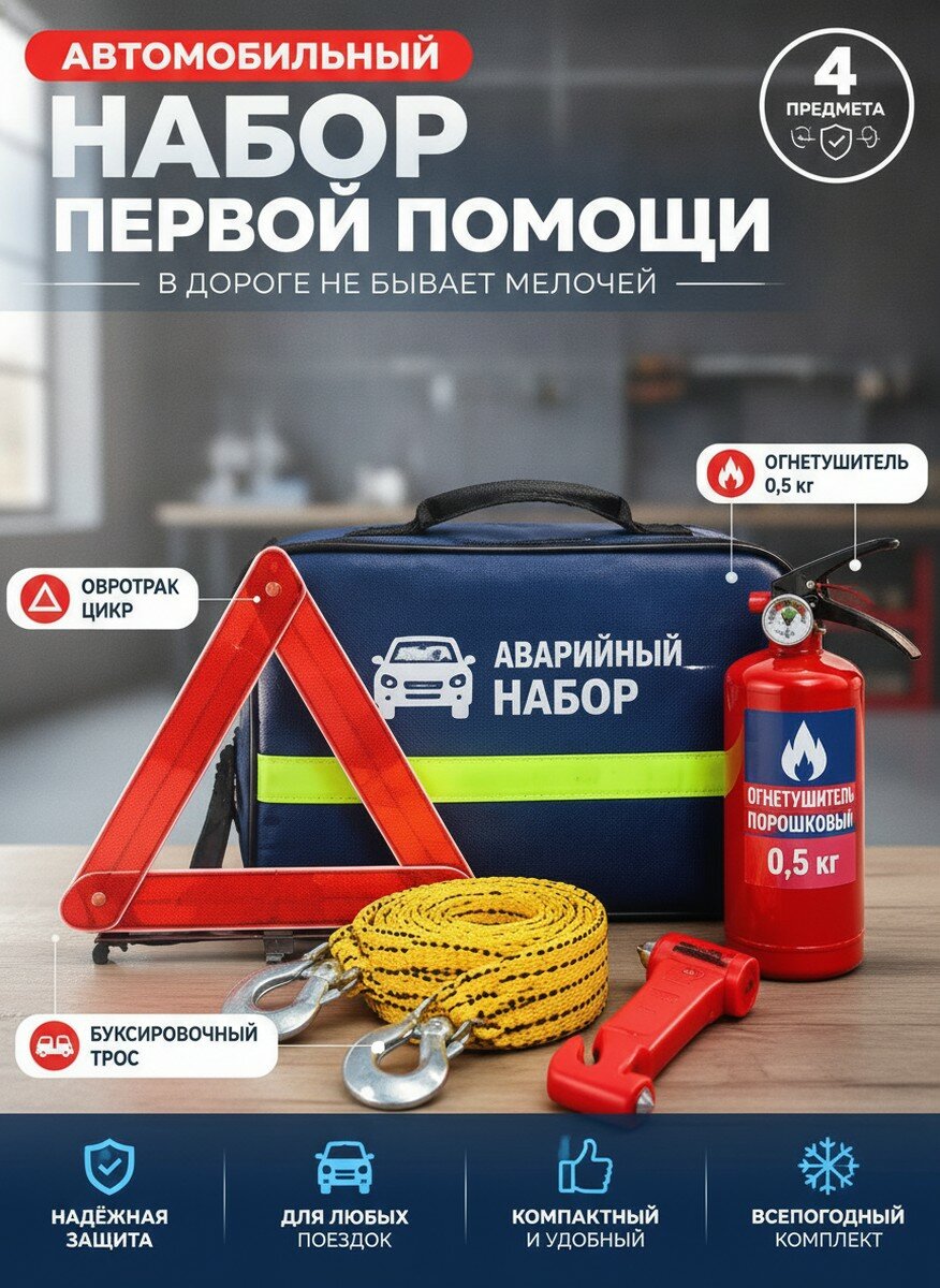 Автомобильный аварийный набор 5 предметов синий, Сумка, знак, огнетушитель, трос, молоток, Класс 2. Газы
