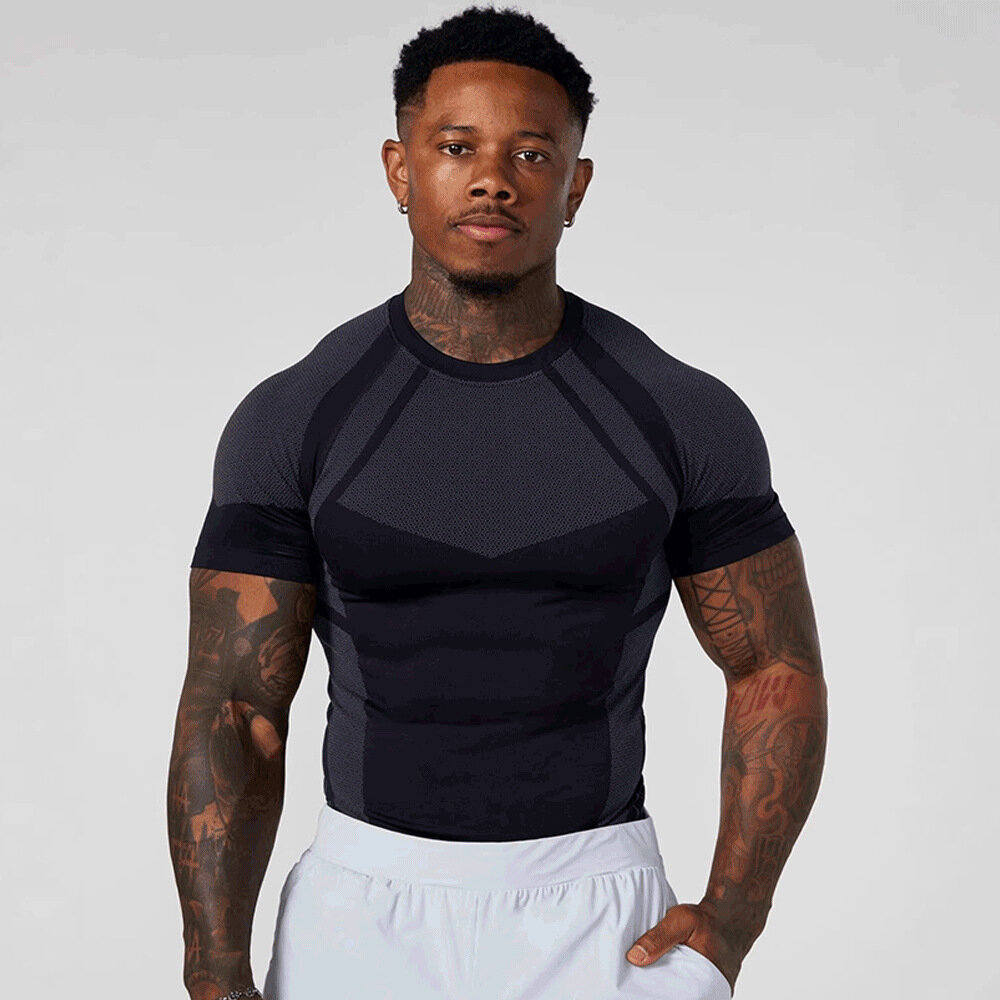 Мужская облегающая спортивная футболка YOUNGLA с быстросохнущей тканью, эластичная, короткий рукав, чёрный, размер M