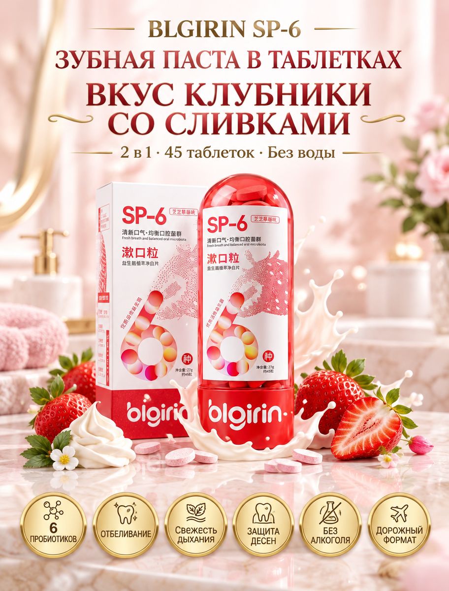 Зубные таблетки blgirin Probiotic жевательные, отбеливание и свежесть без щётки, ксилит, 45 шт, Клубника со сливками
