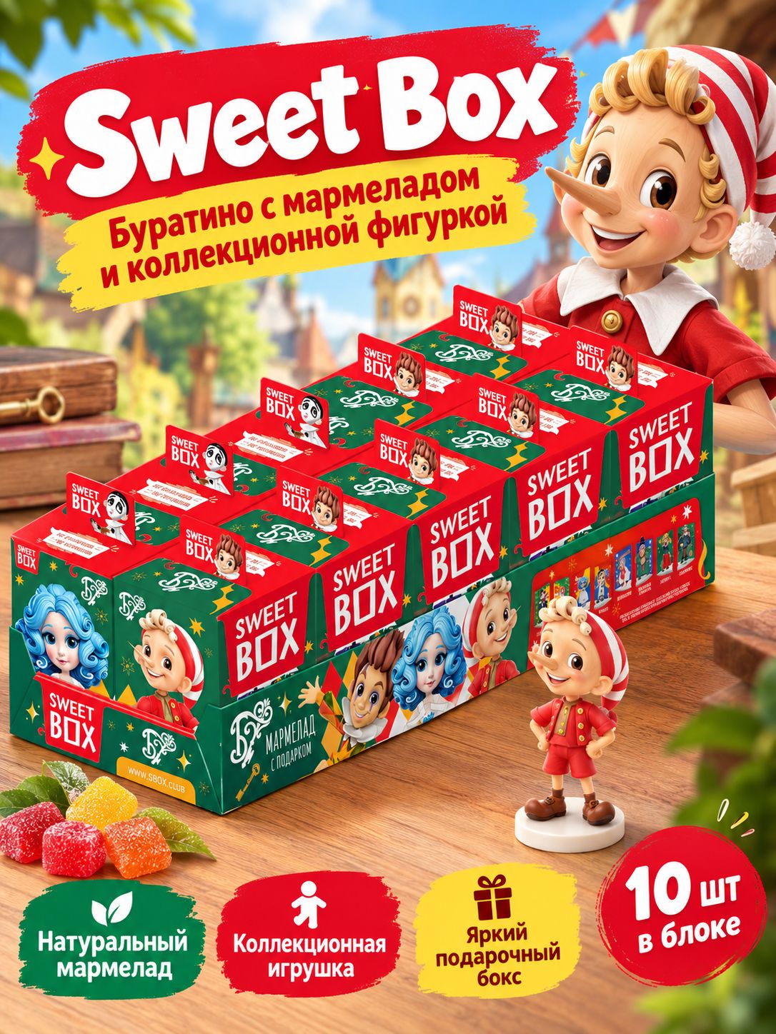 Свитбокс Sweet box Буратино. Мармелад с игрушкой в коробочке, 10шт. по 10г.