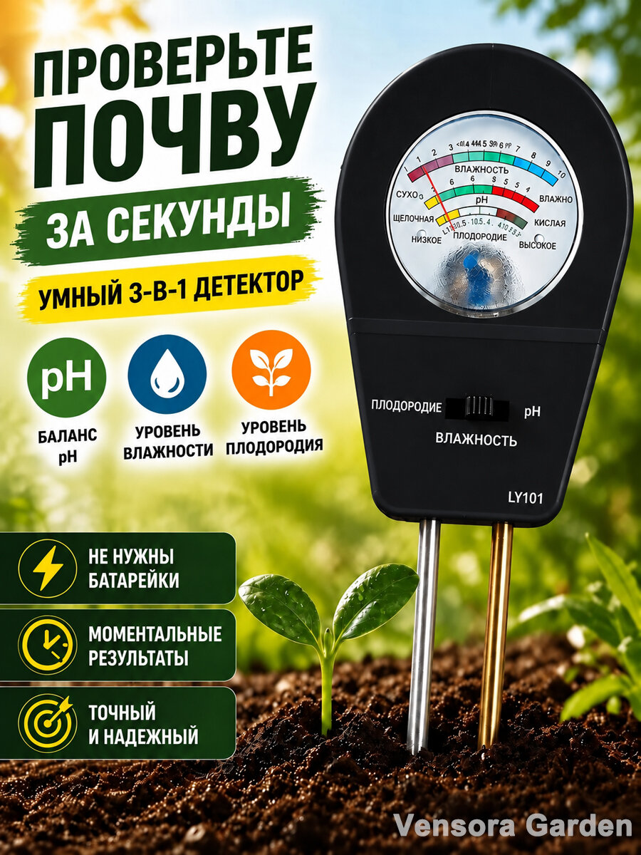 Тестер почвы 3 в 1 чёрный без батареек, измеритель влажности, pH и плодородия почвы для сада, огорода и комнатных