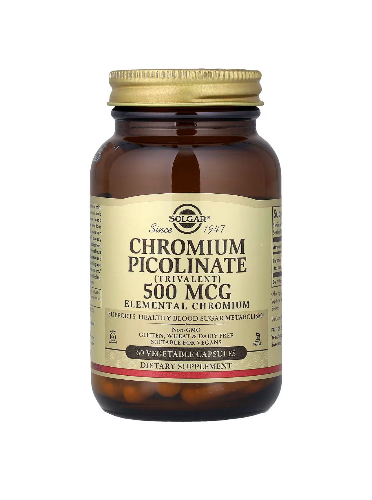 Solgar Chromium Picolinate 500 MCG, пиколинат хрома, 500 мкг, 60 растительных капсул из США