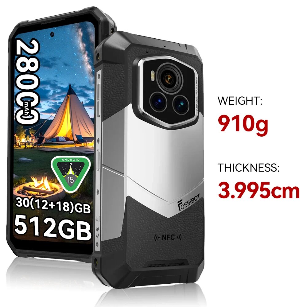 Прочный мобильный телефон Fossibot F107 Pro Android 15 30 ГБ (12 + 18), 512 ГБ, 28000 мАч, 66 Вт, 200 МП + 32 МП, NFC/GPS, двойн