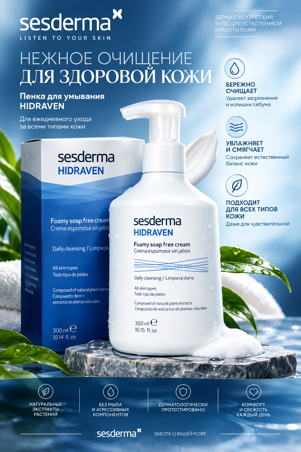 Sesderma HIDRAVEN Foamy soap free cream - крем-пенка без мыла увлажняющая очищающая для умывания кожи лица, 300 мл