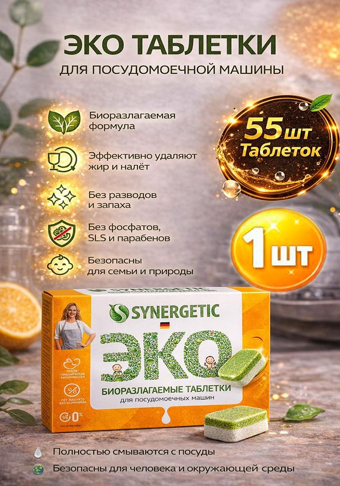 Таблетки бесфосфатные для посудомоечных машин Synergetic (Синергетик), 55 таблеток х 1шт