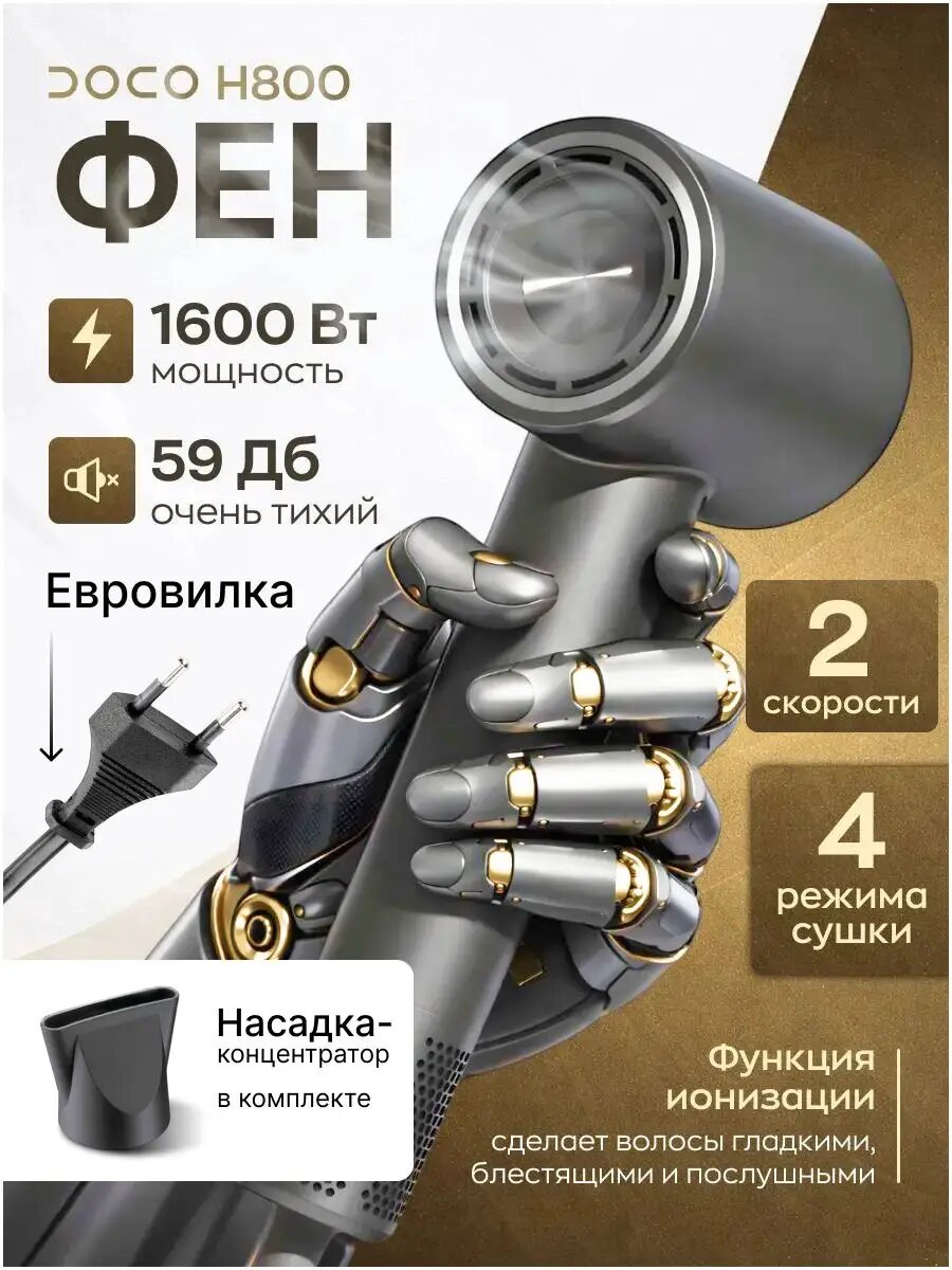 Компактный фен для волос с функцией ионизации Xiaomi DOCO Air Turbo M01, насадка в комплекте, серый