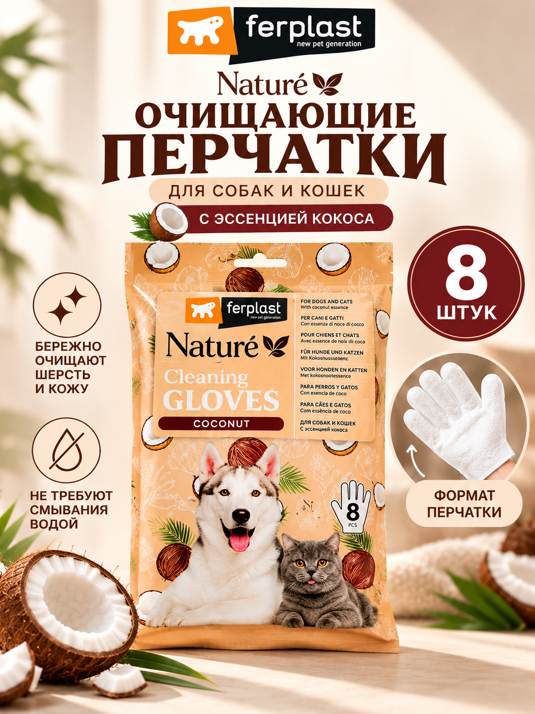 Влажные очищающие перчатки для собак и кошек Ferplast Natur Coconut