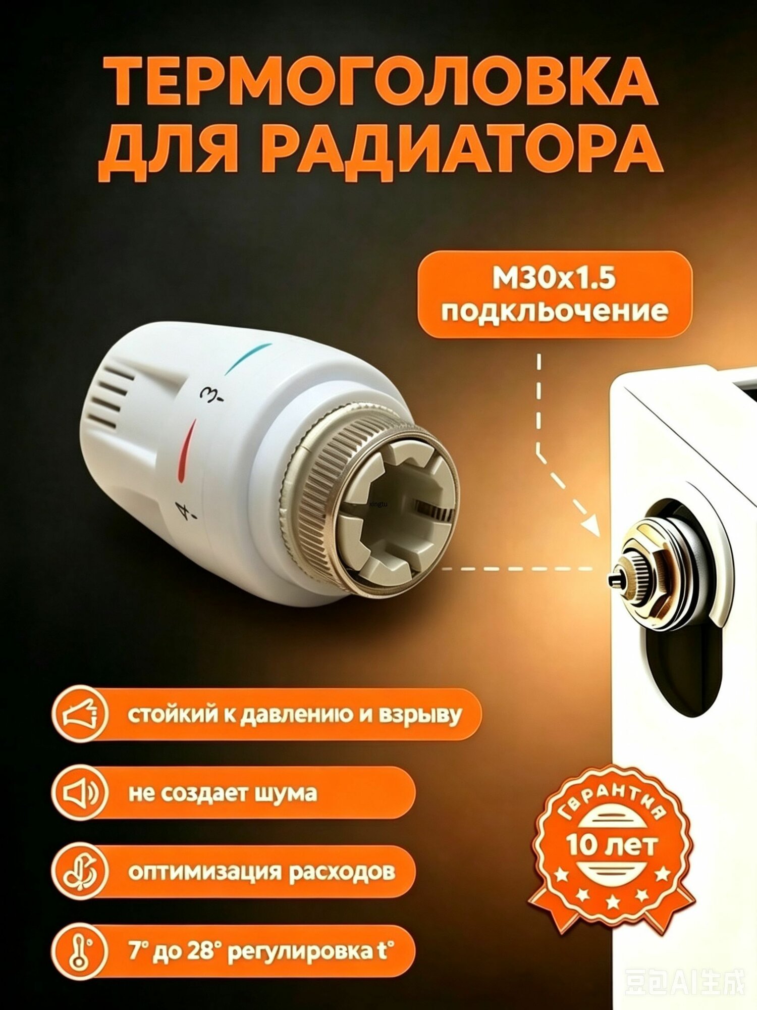 Термоголовка клипсовая для радиатора M30х1.5, совместимо с RA/RTR, белая