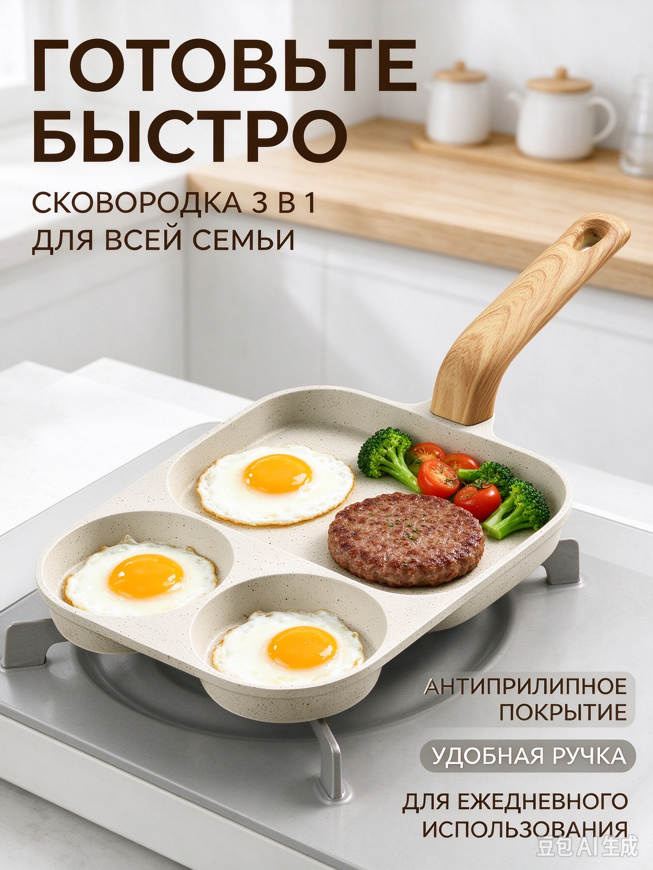 Сковорода для завтрака с 3 секциями, антипригарная, для яиц, блинов и сосисок, для газовой плиты