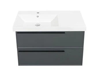 Тумба с раковиной La Fenice Elba 90 L подвесная, 90,5 см, серая, матовая, из МДФ, с ящиками, раковина для ванной, фаянсовая, прямоугольная, встроенный слив-перелив