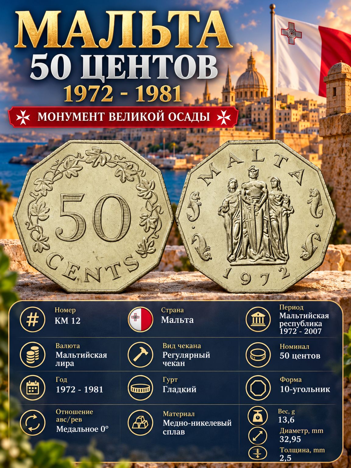 Мальта 50 центов, 1972 Монумент Великой осады XF