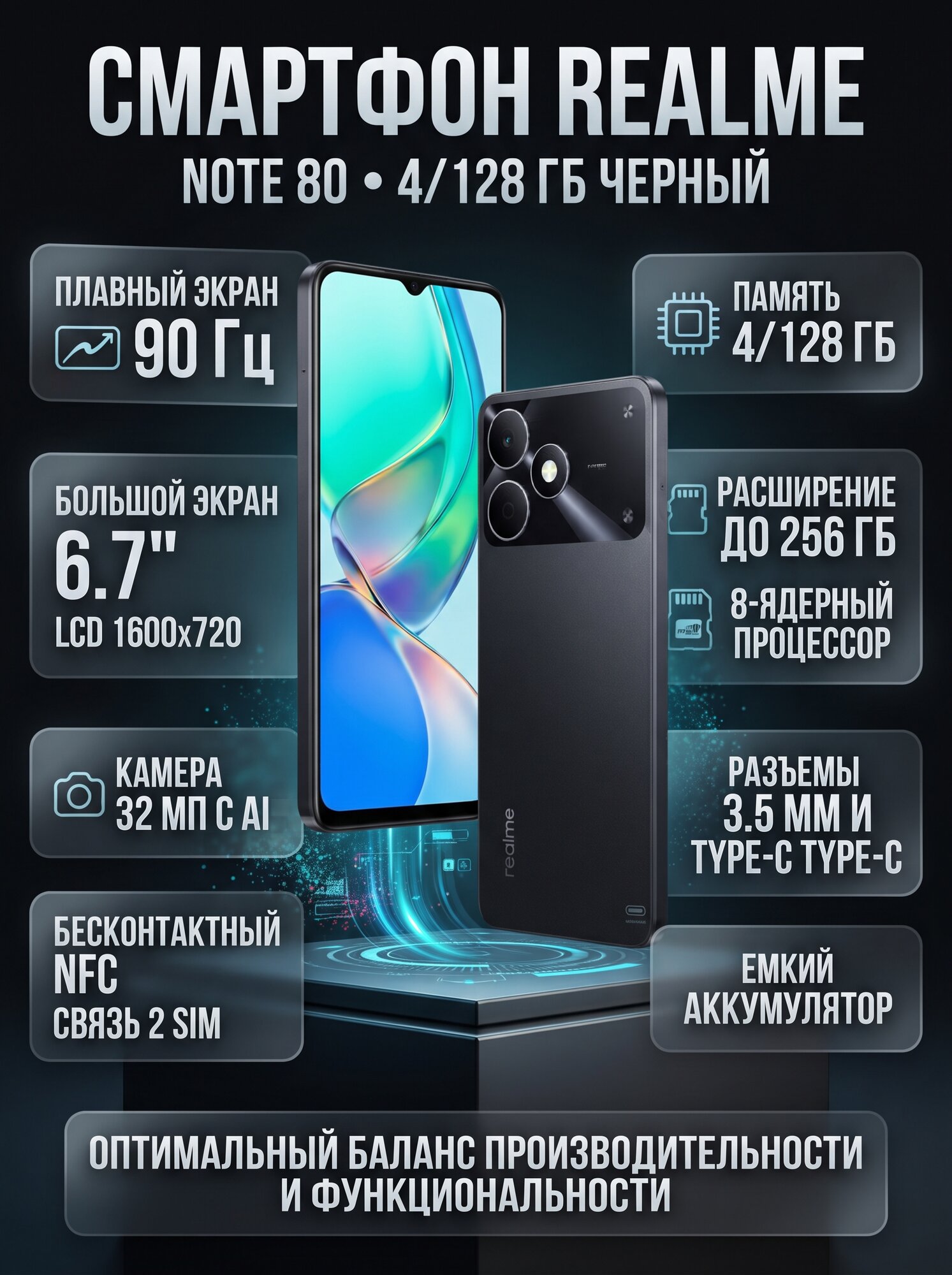 Смартфон Realme RMX5388 Note 80 128Gb 4Gb черный моноблок 3G 4G 6.74" 720x1600 Android 14 32Mpix 802.11 a/b/g/n/ac NFC GPS GSM900/1800 GSM1900