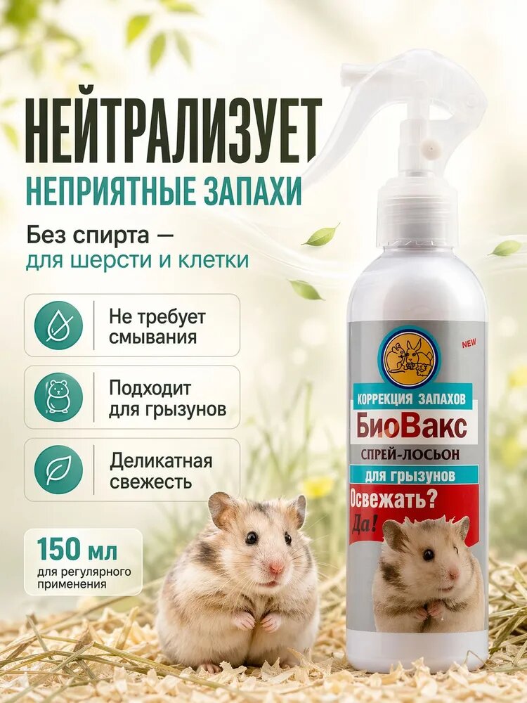 Спрей поглотитель запахов для грызунов БиоВакс Освежать? Да! , без спирта, для шерсти и клетки, 150 мл
