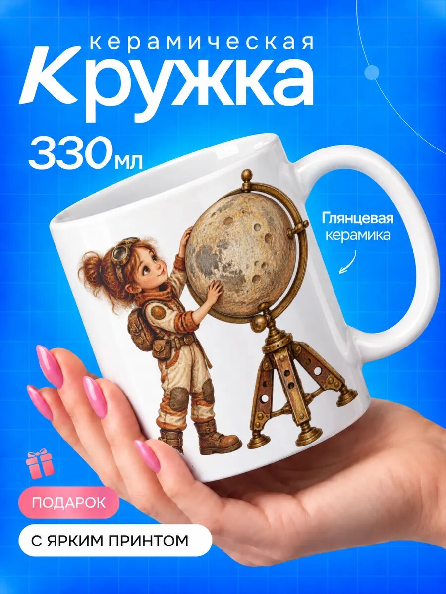 Кружка керамическая TOP CUP, Девочка и глобус Луны, белая, 330 мл