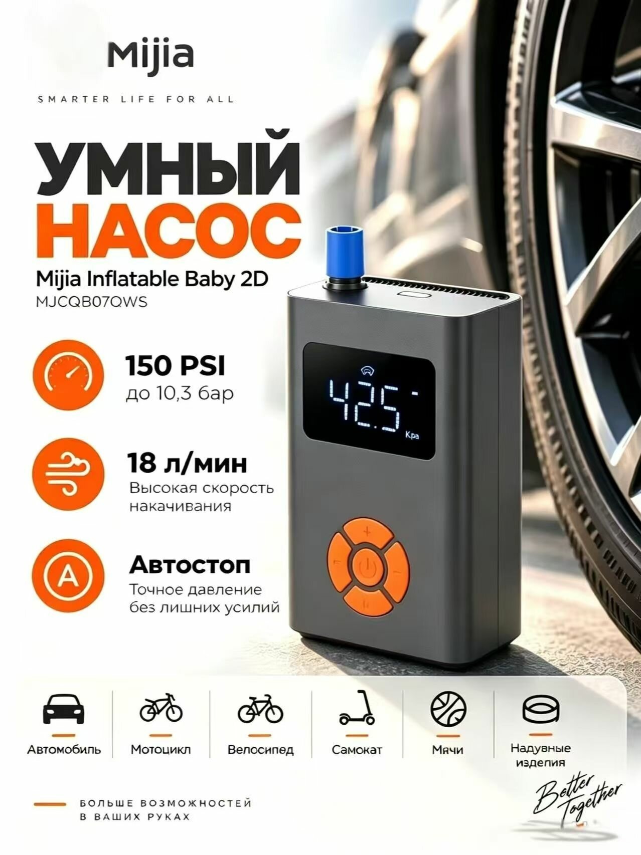 Насос портативный Mijia Electric Air Pump 2D (MJCQ807QWS), аккумуляторный, черный