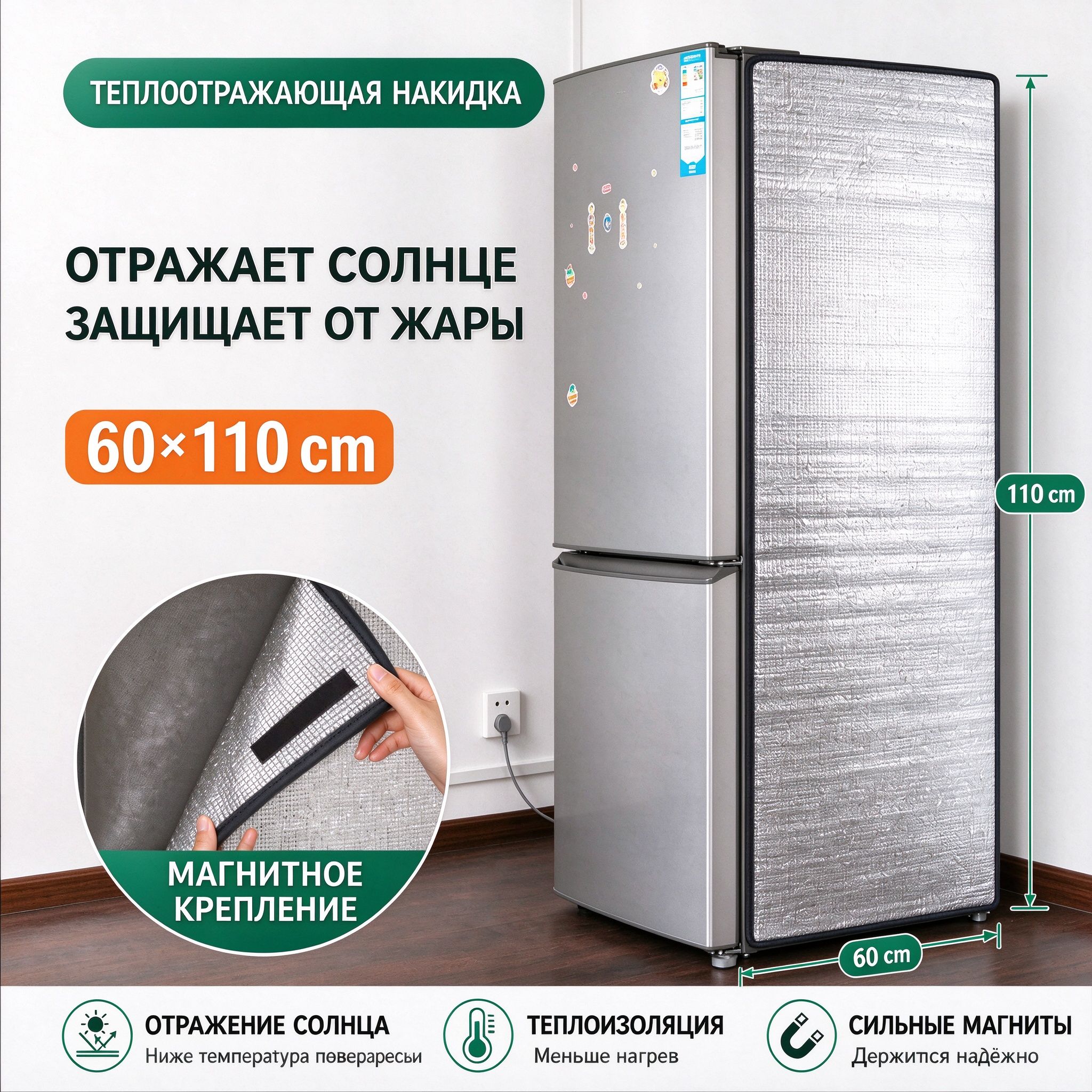 Магнитный теплоотражающий экран для холодильника, влагозащитный многослойный, уменьшает нагрузку компрессора, экономит энергию, обеспечивает защиту.60*110cm
