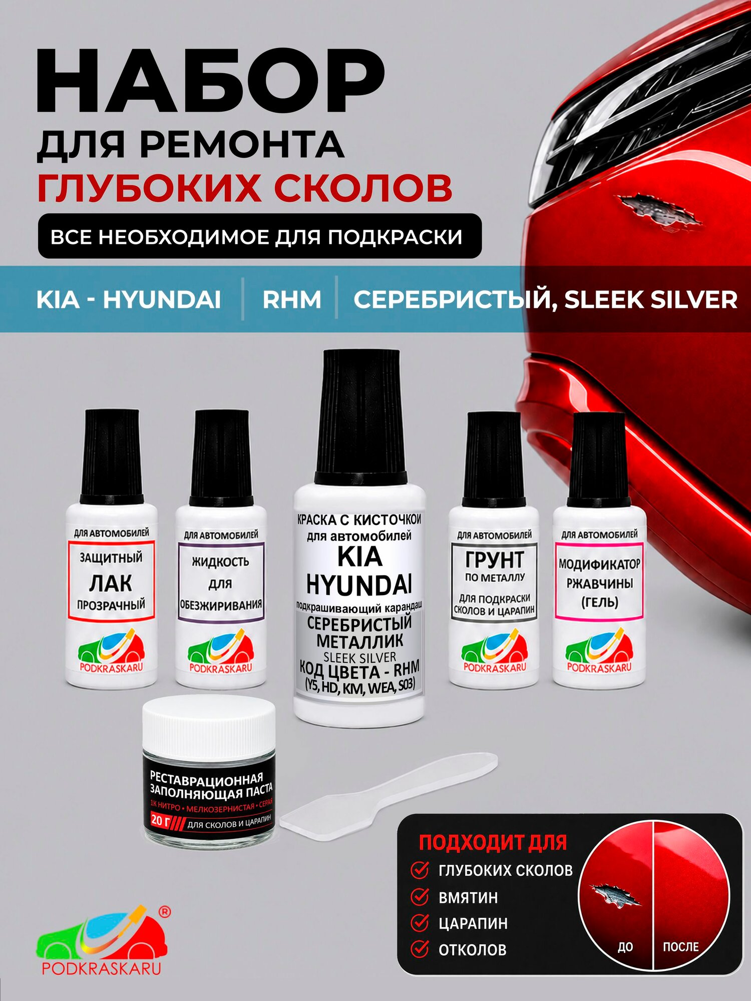 Ремкомплект PODKRASKA для глубоких сколов для авто KIA Hyundai RHM Sleek Silver, серебристый металлик, краска, лак, грунт, паста, 7 предметов