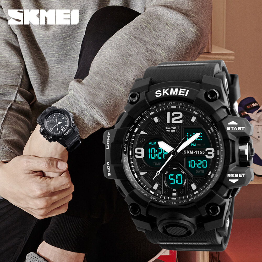 SKMEI 1155B мужские цифровые кварцевые часы, с функциями будильника, даты и недели, 5ATM водонепроницаемые, для повседневного использования