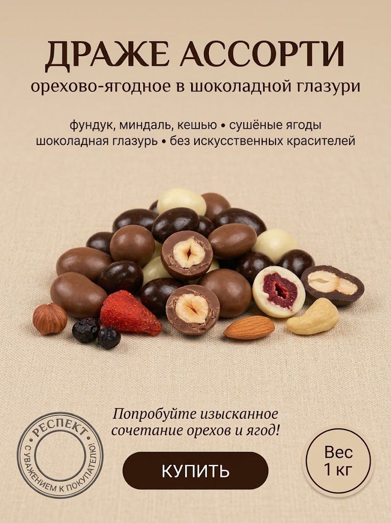 Драже ассорти орехово-ягодное в шоколадной глазури, 1кг Россия