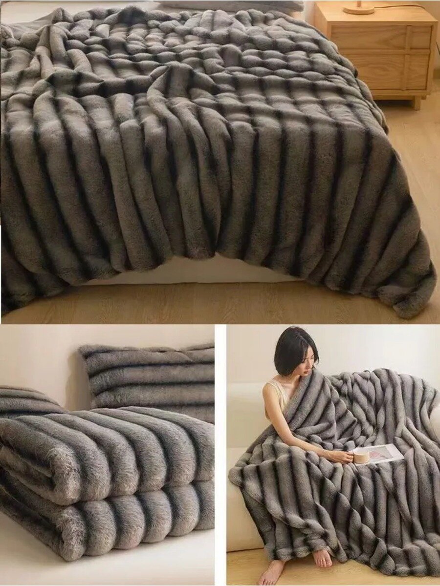 Плед 160x200 см из фланели, плюшевый, темно-серый, полуторный, 2200