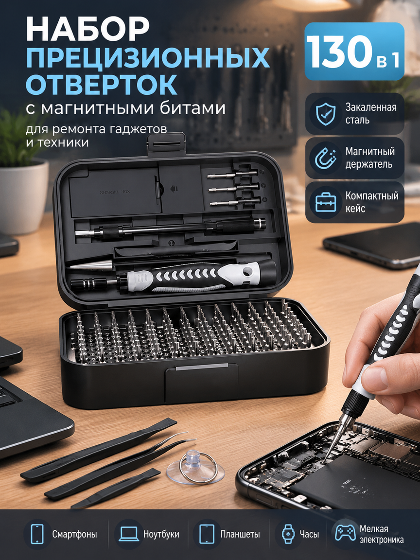 Набор прецизионных отверток 130 в 1 с магнитными битами для ремонта гаджетов и техники
