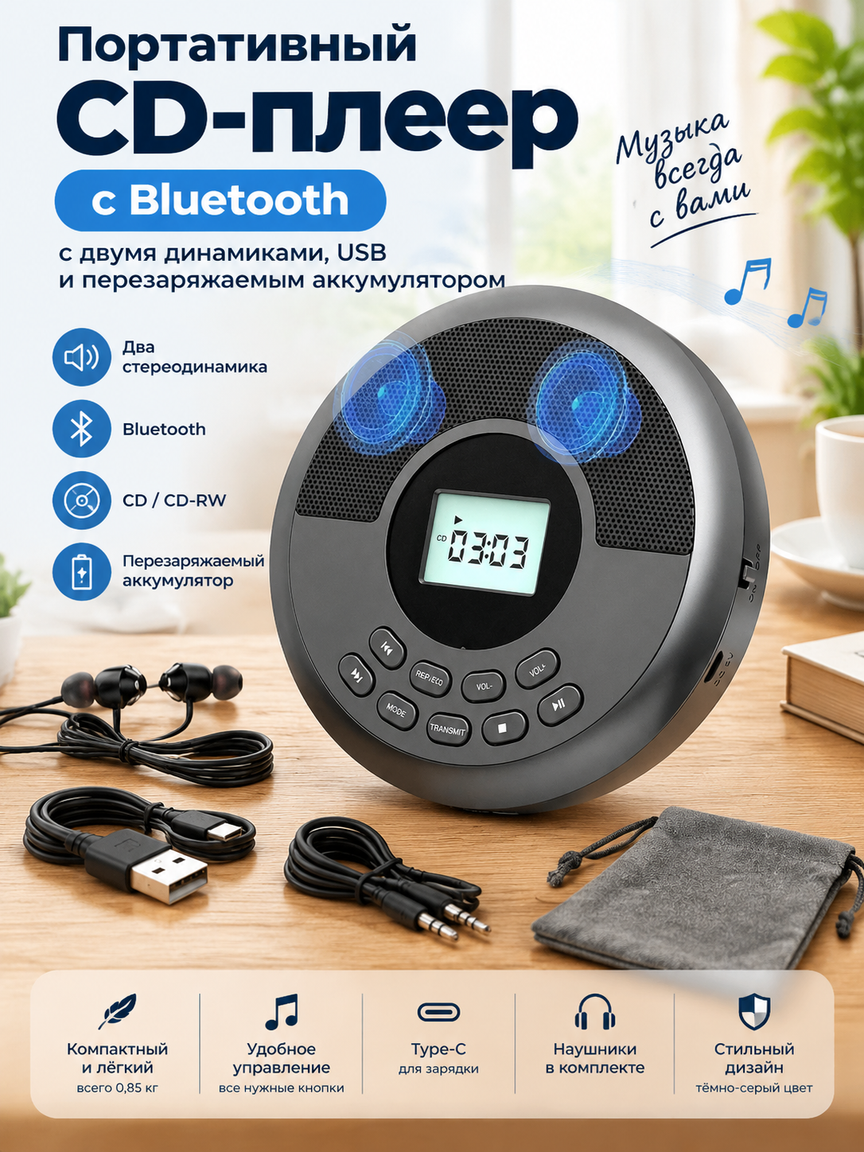 Портативный Bluetooth CD-плеер с двумя динамиками, USB и перезаряжаемым аккумулятором