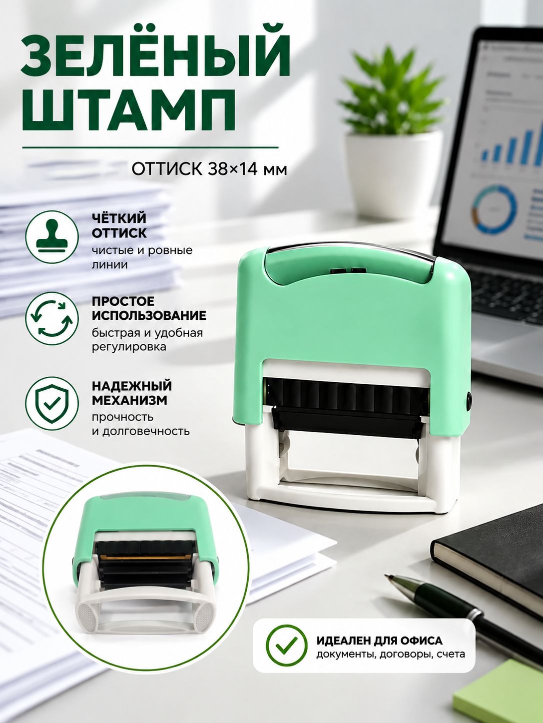 Штамп самонаборный автоматический, оттиск 38х14 мм, Пустая зелёная печать без содержимого