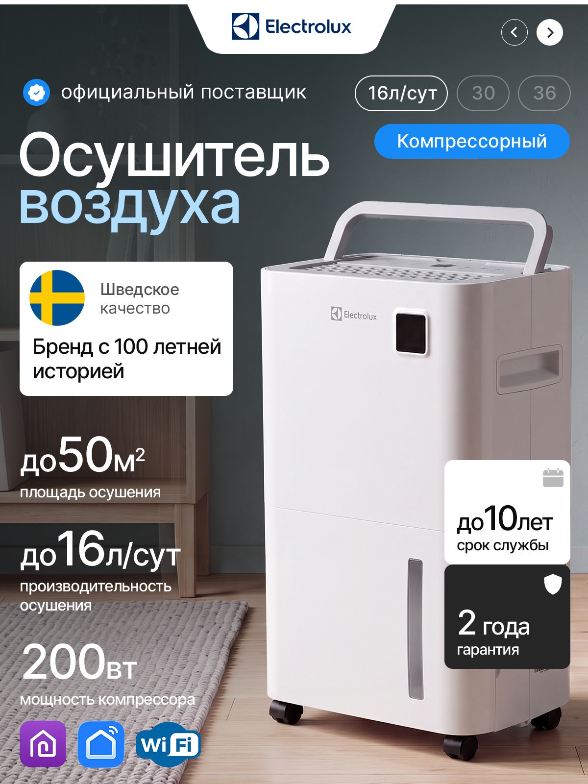 Осушитель воздуха Electrolux EDS-16 до 50м. кв, до 16 л. сут для квартиры дома подвала ванной гаража бассейна погреба