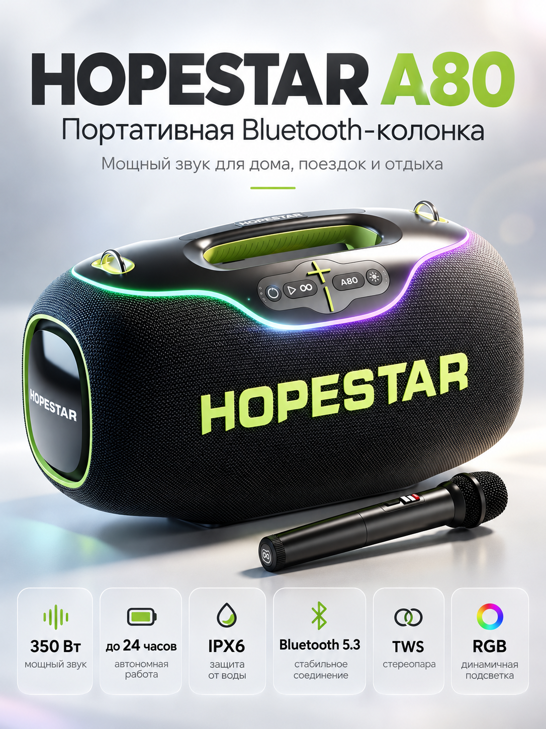 Портативная колонка HOPESTAR A80/ TWS система 350W/ мощная