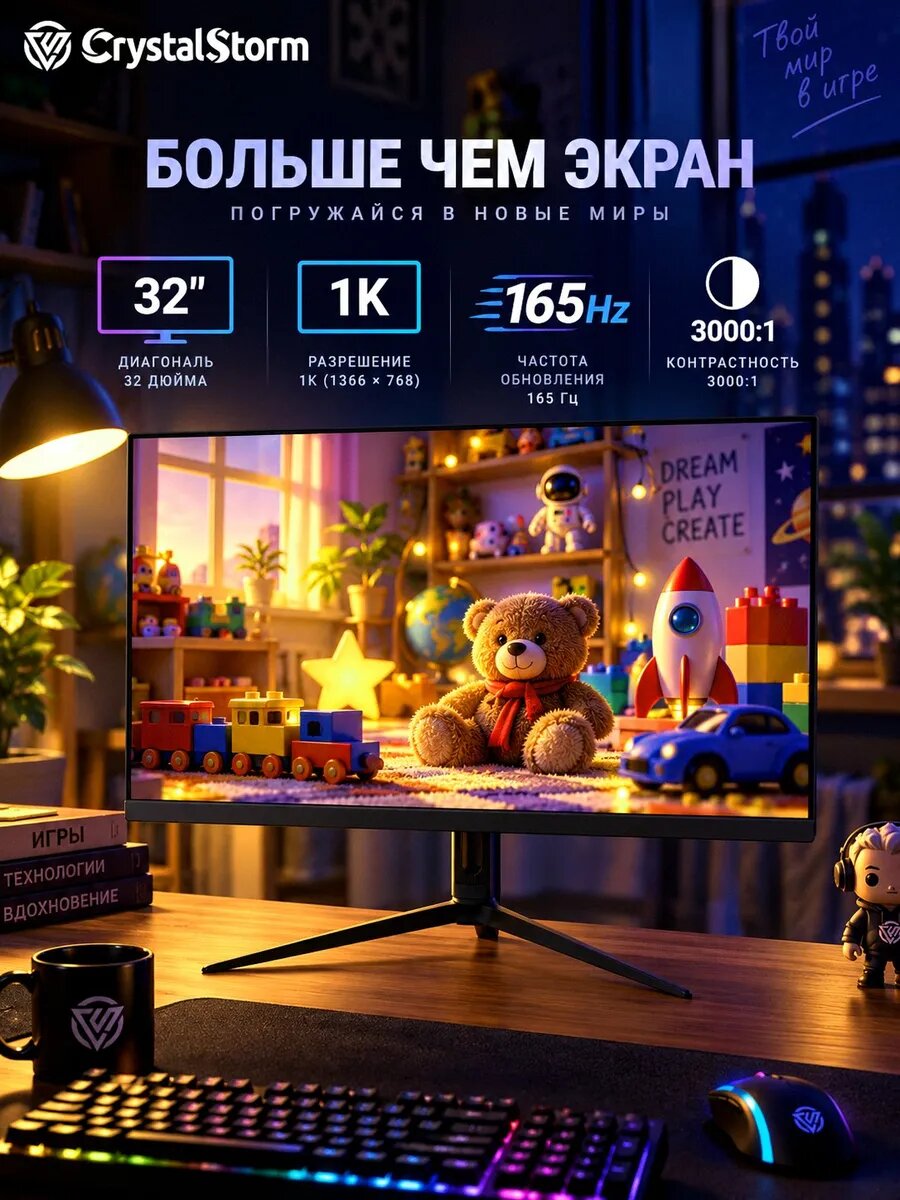 Монитор CrystalStorm, диагональ 32", 1920 x 1080 пикселей, 165Гц, матовый, чёрный