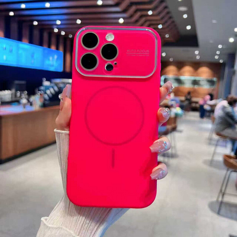 Силиконовый чехол для iPhone 17, магнитный, матовый, полная защита, большое окно камеры, Фосфорно-розовый