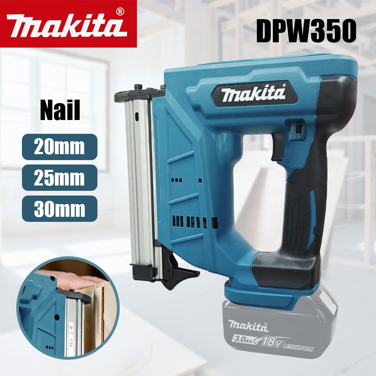 Makita DPW350 аккумуляторный гвоздезабивной пистолет 20-30mm 3.0Ah 18V только инструмент без аккумулятора--SD925