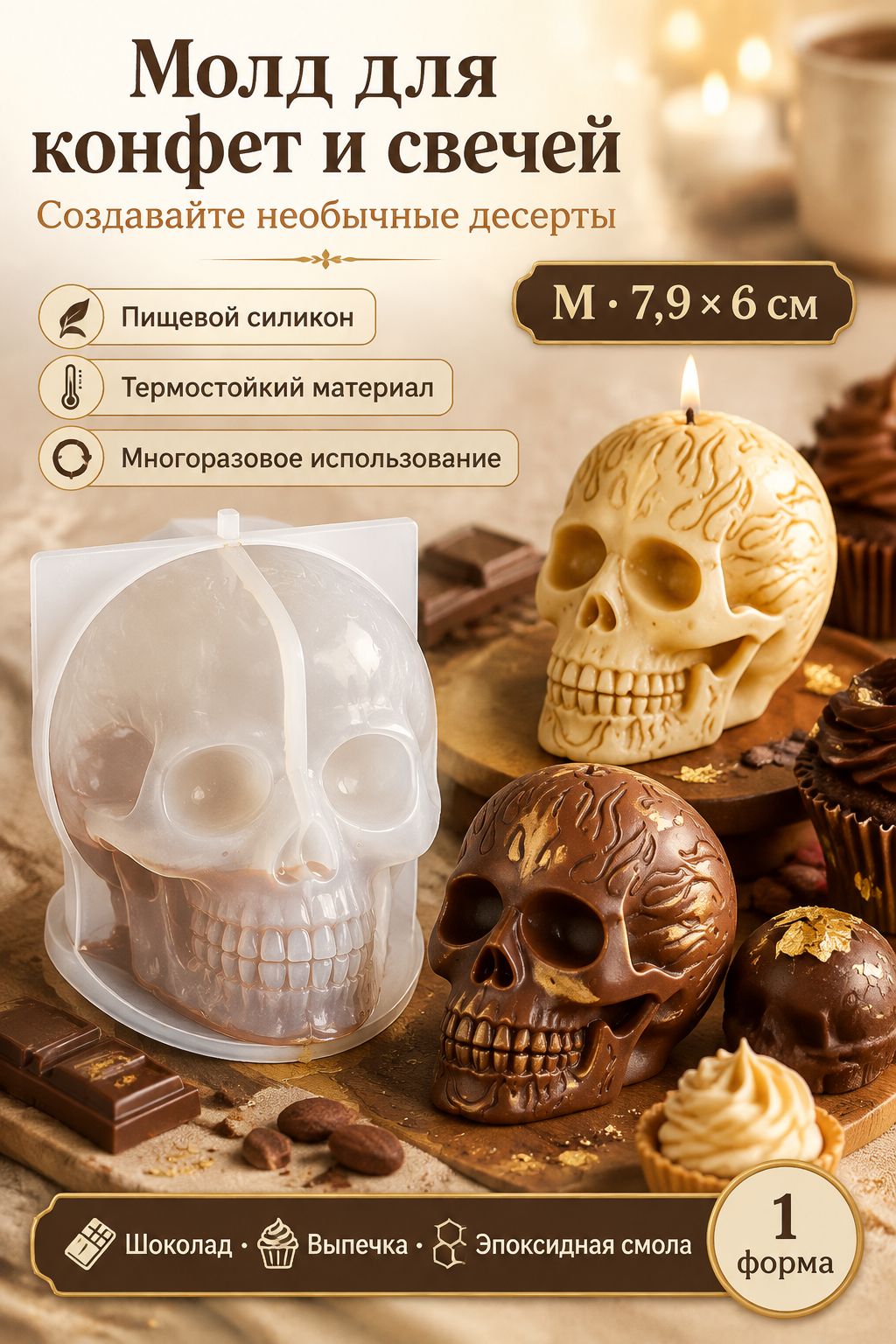 Силиконовая форма для шоколада - молд для конфет и свечей, форма черепа, пищевой силикон-M3374