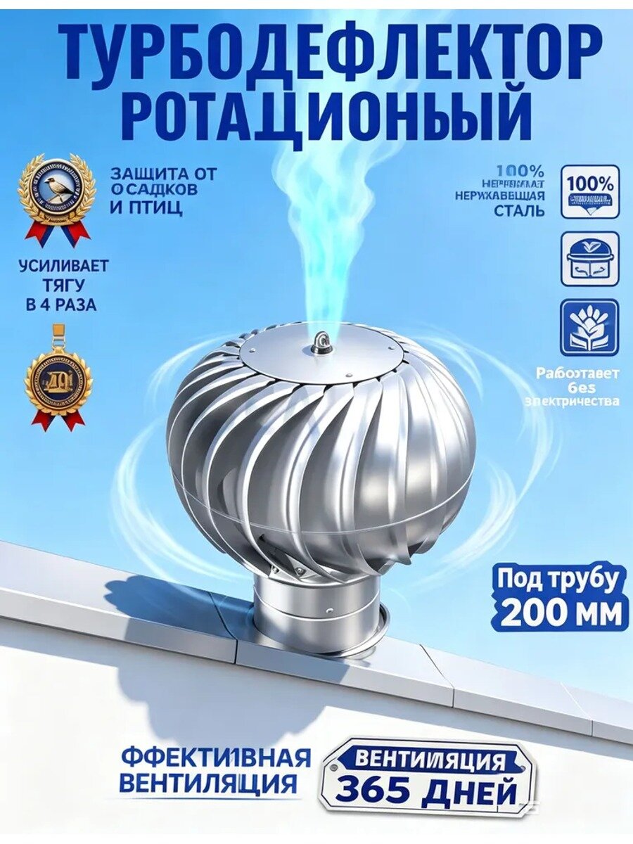 Турбодефлектор200 мм, для вентиляционной трубы, нержавеющая сталь, усилитель тяги