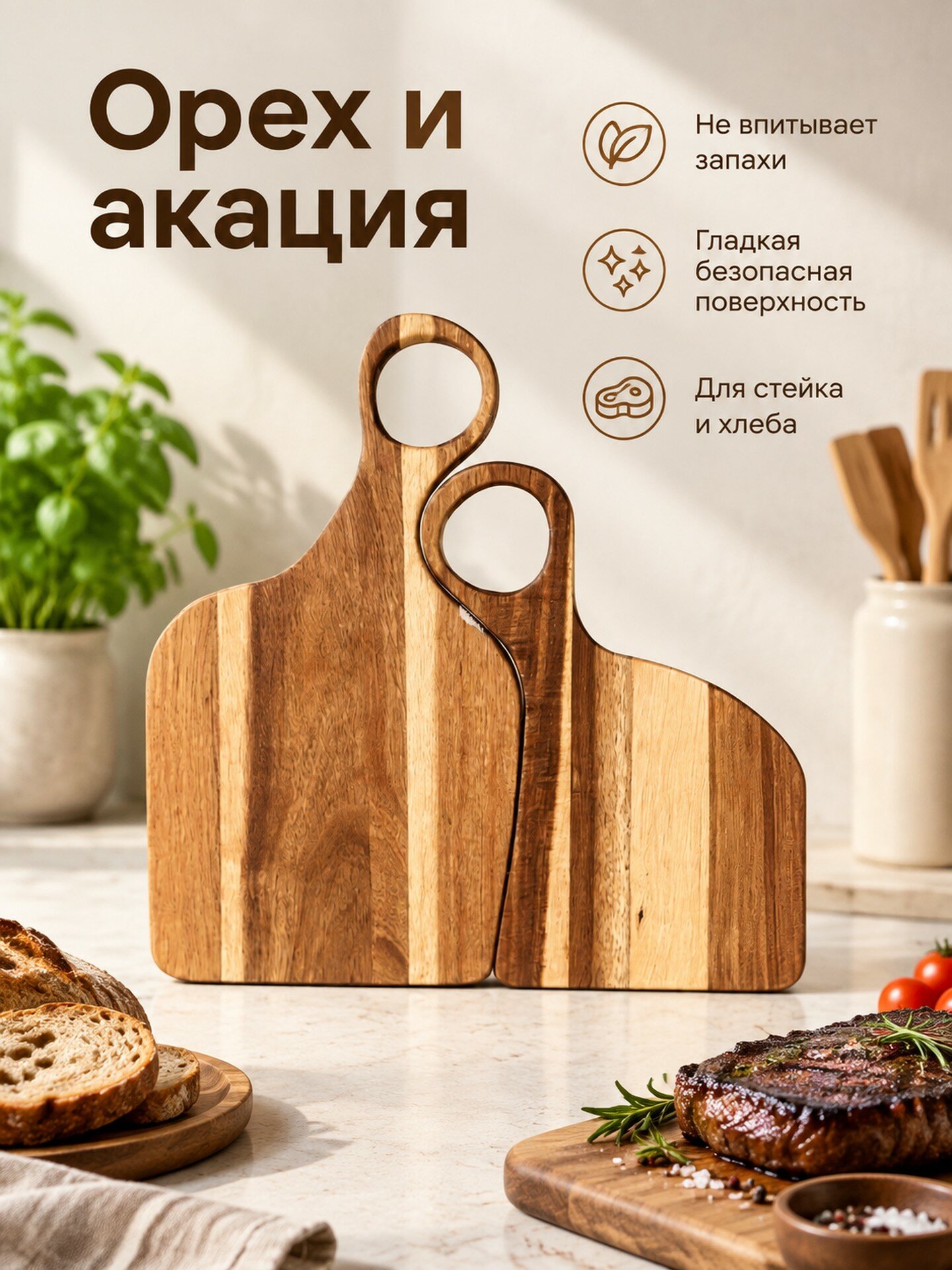 Деревянная разделочная доска из ореха и акации для стейка, хлеба и нарезки, с белой каймой, неправильная форма