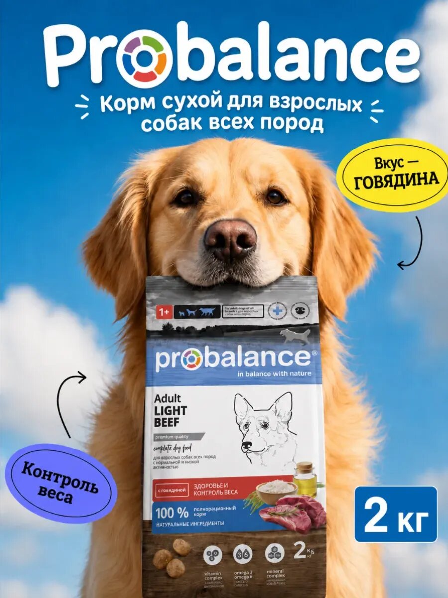 Корм сухой Light beef для взрослых собак с избыточным весом, контроль веса, с говядиной 2 кг