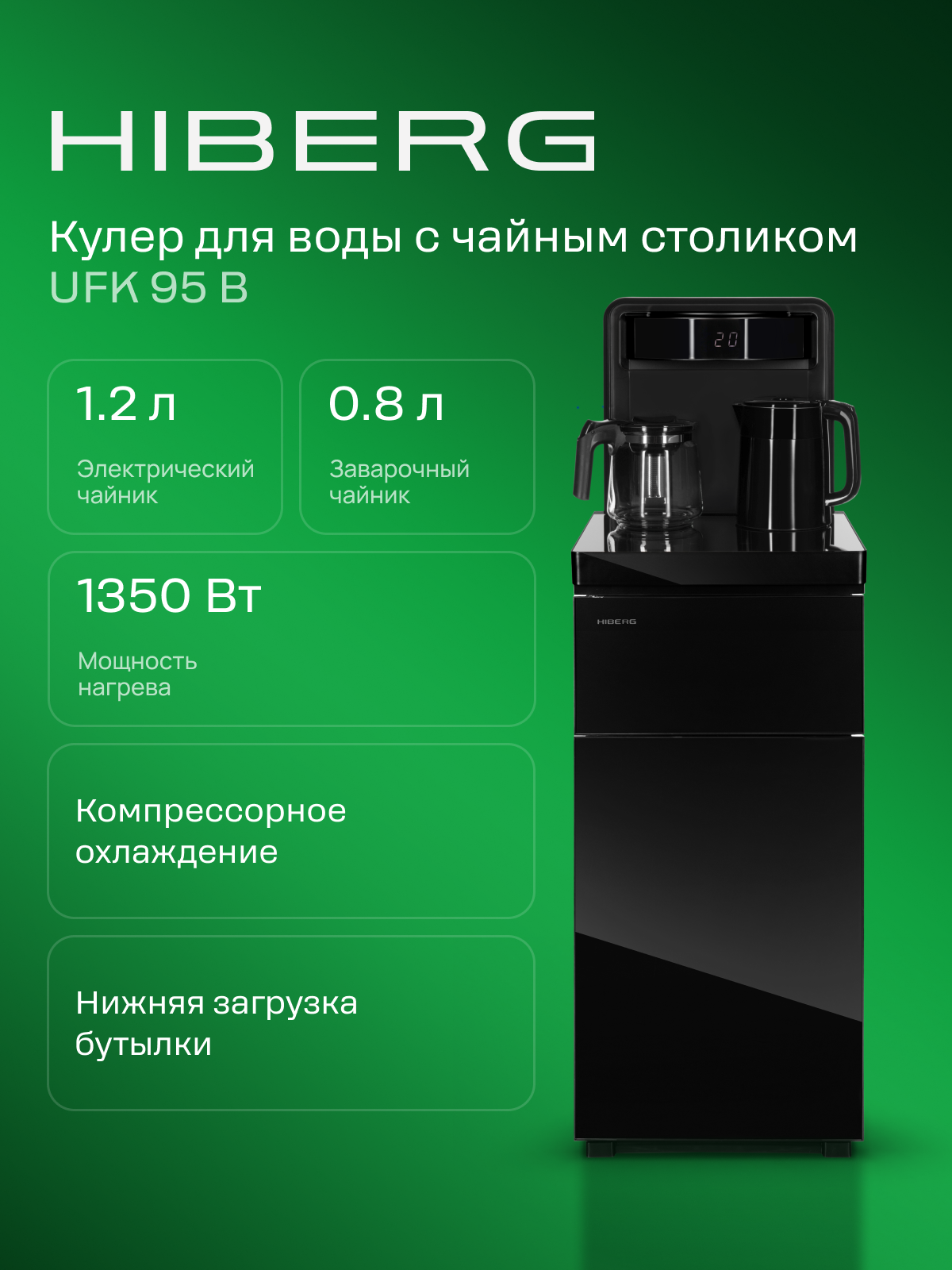 Кулер для воды HIBERG UFK 95 B напольный, компрессорное охлаждение, сенсорное управление, цвет черное стекло