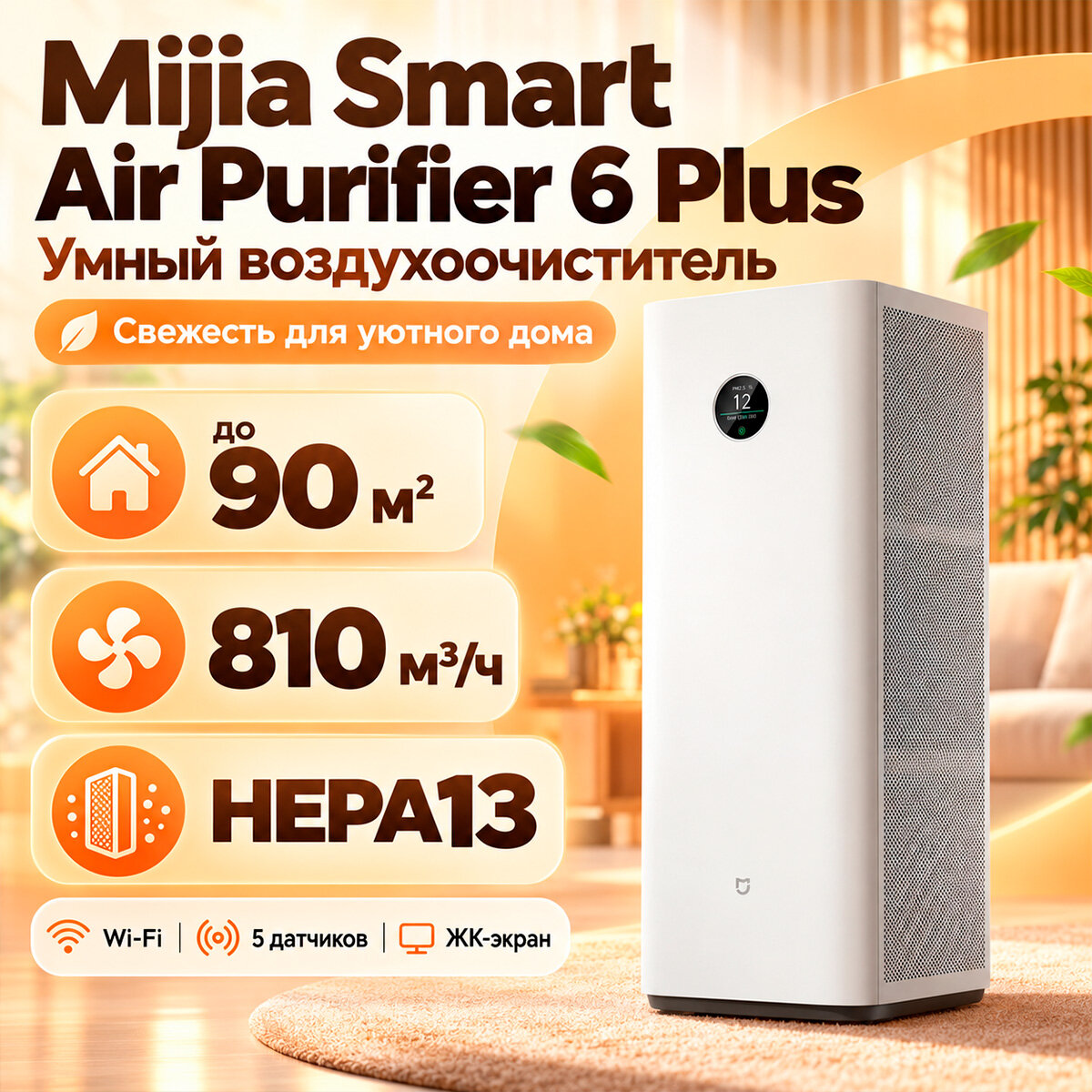 Современный очиститель  —  Air Purifier Mijia 6 Plus EU Smart (BHR09GNEU) для открытых планировок: 5 сенсоров, 3 режима работы, управление через Xiaomi
