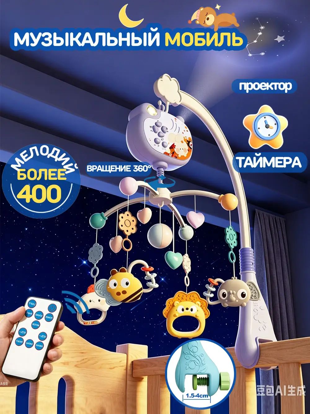 Мобиль музыкальный на кроватку для новорожденных