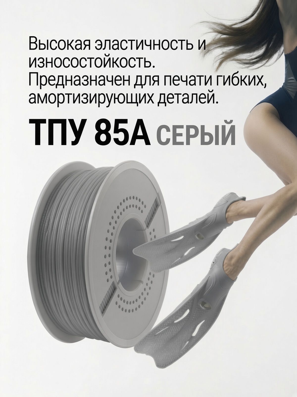 Серый TPU 85A 1 кг, катушка Нить 1,75 мм, гибкий мягкий пластик, филамент для 3D-печати, инженерный плаcтик