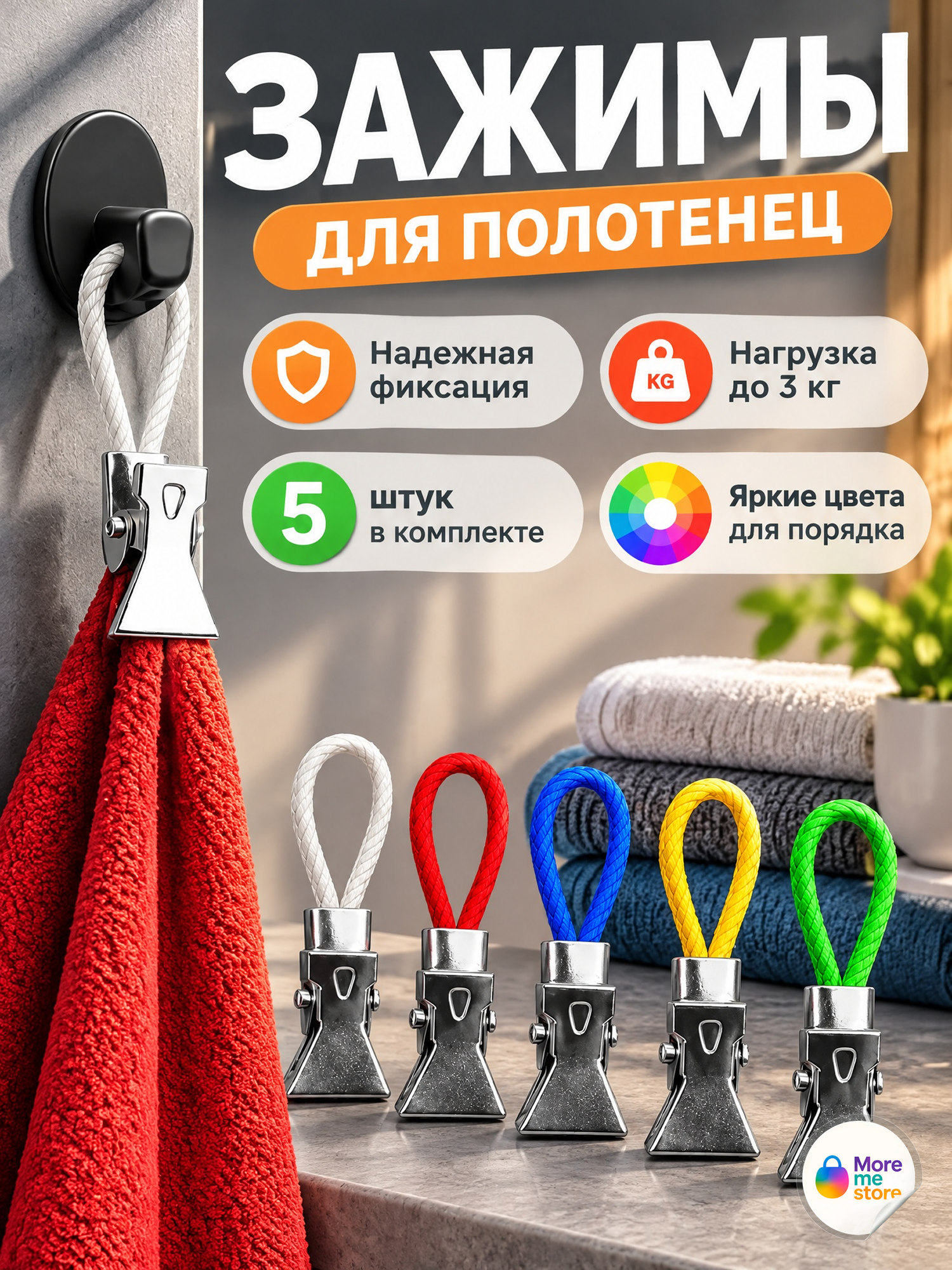 Зажимы для полотенец, держатель для полотенец в ванную, на кухню, прищепки, петельки 5шт