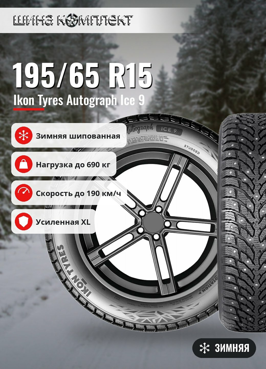 Автомобильная шина Ikon / Nokian Tyres Autograph Ice 9 195/65 R15 95T XL зимняя шип