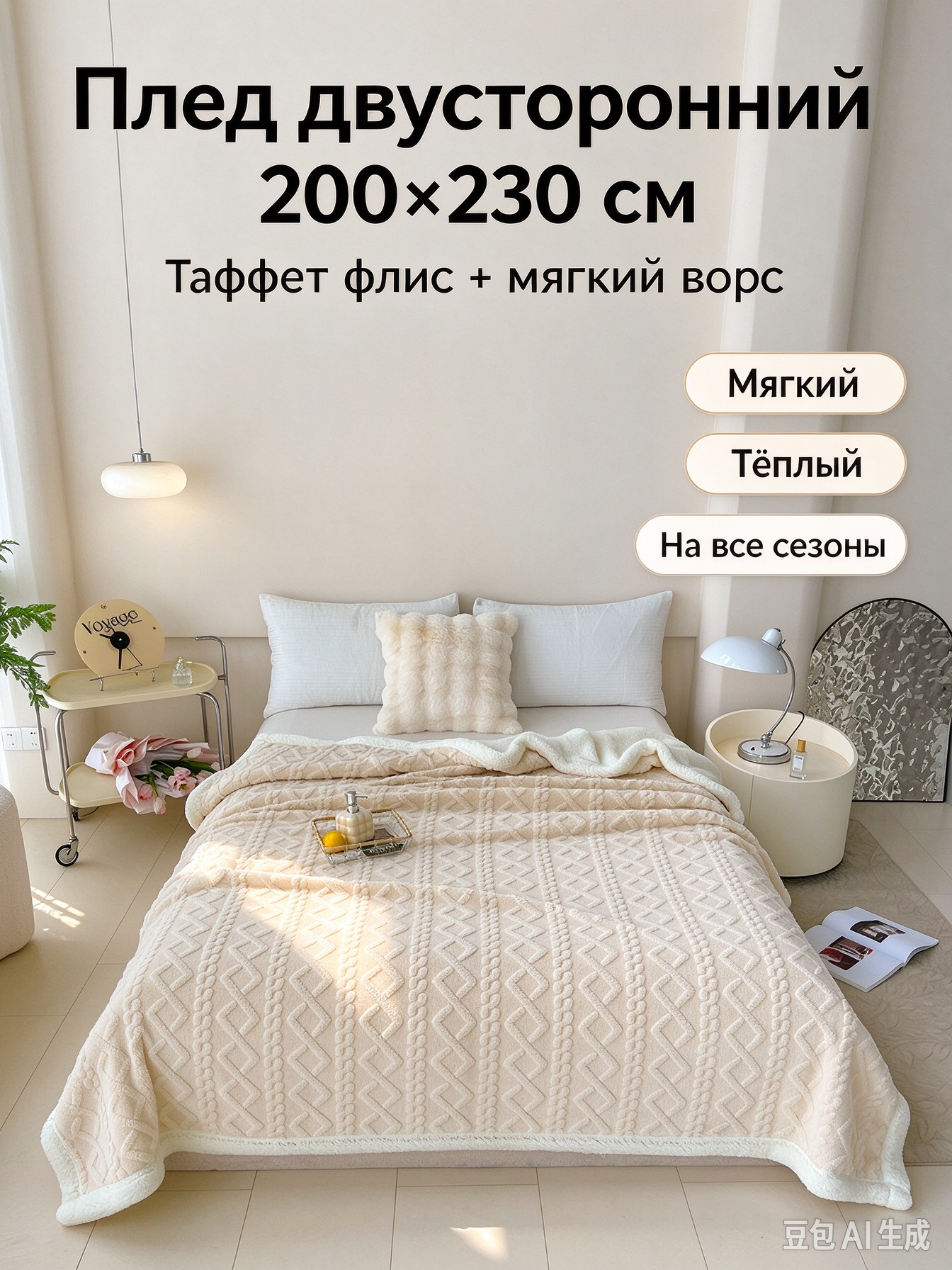 Плед таффет флис 200×230 см, двусторонний, для дома и офиса - мягкий уютный плед на все сезоны