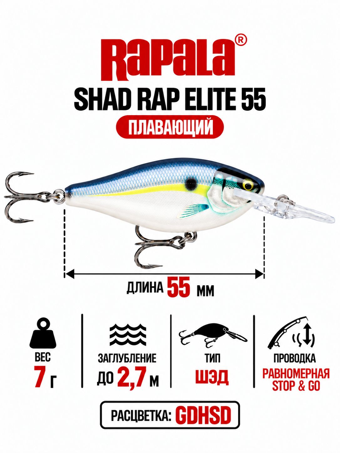 Воблер RAPALA Shad Rap Elite 55 GDHSD плавающий 2,7м, 5,5см, 7гр