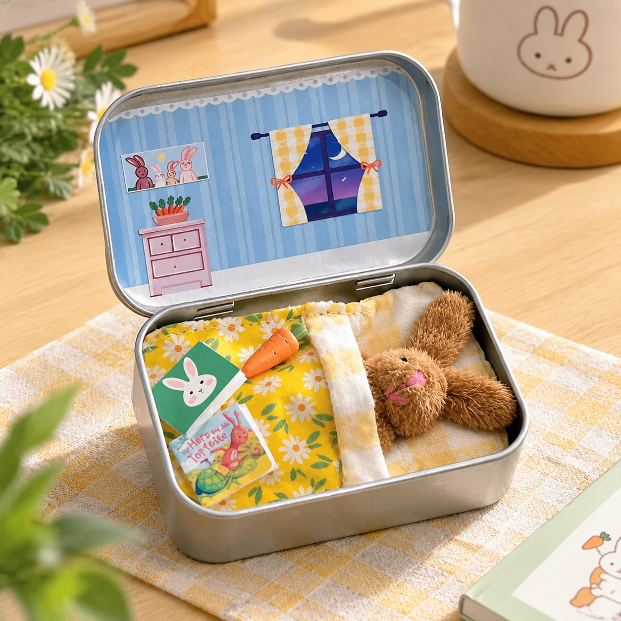 Delightful Tiny Plush Brown Rabbit in Decorative Tin Box 10 cm Tall Soft Cute Stuffed Bunny Toy Gift for Kids Adults Easter Birthday Party Favor Desk Shelf Decor Kawaii Travel Pocket Buddy