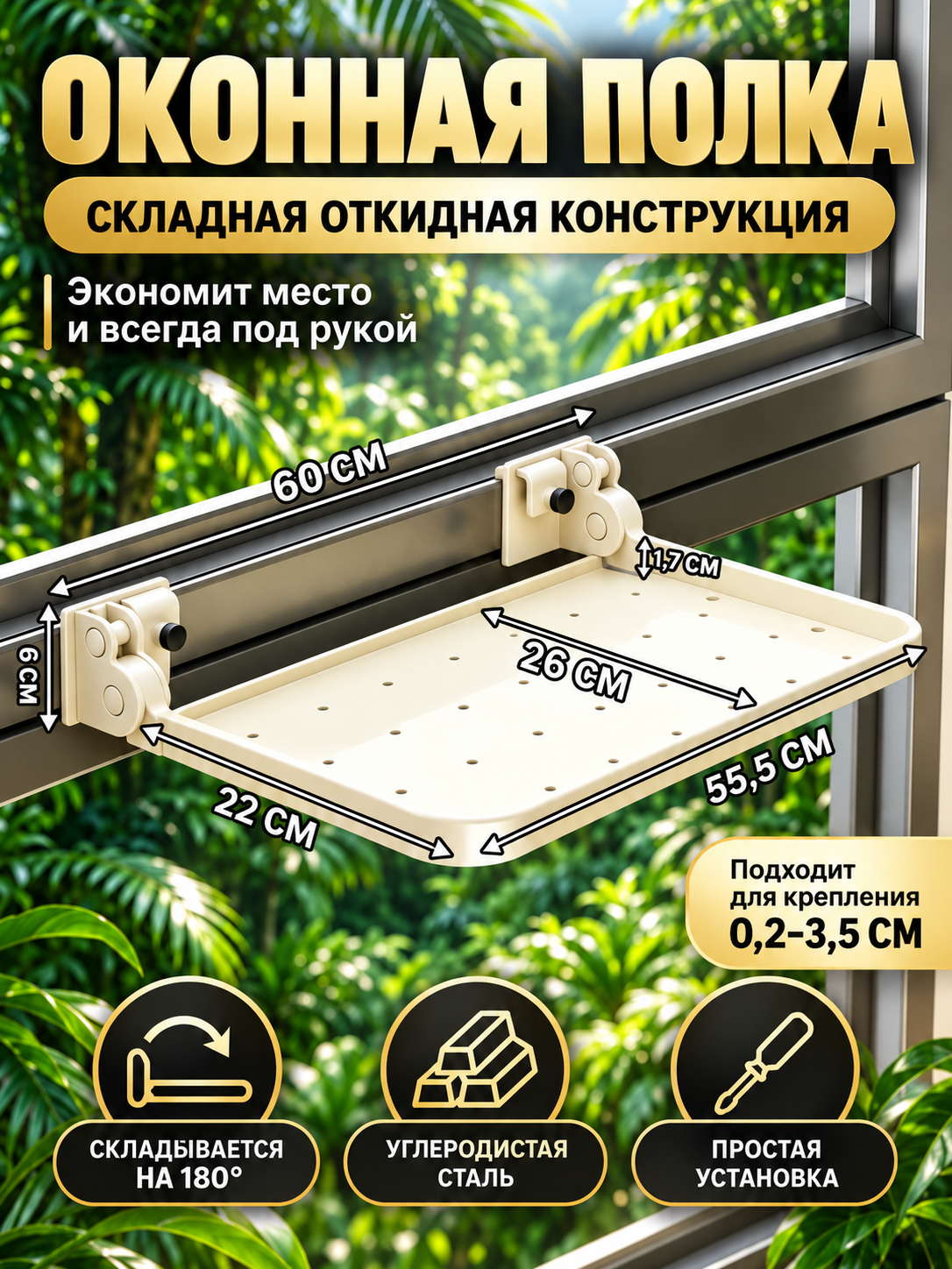 Оконная полка складная откидная, крепится на раму окна, экономит место, простая установка для цветов и мелочей